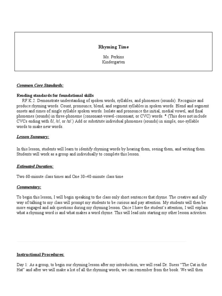 Kindergarten Lesson Plan - Rhyming | PDF | Syllable | Linguistics