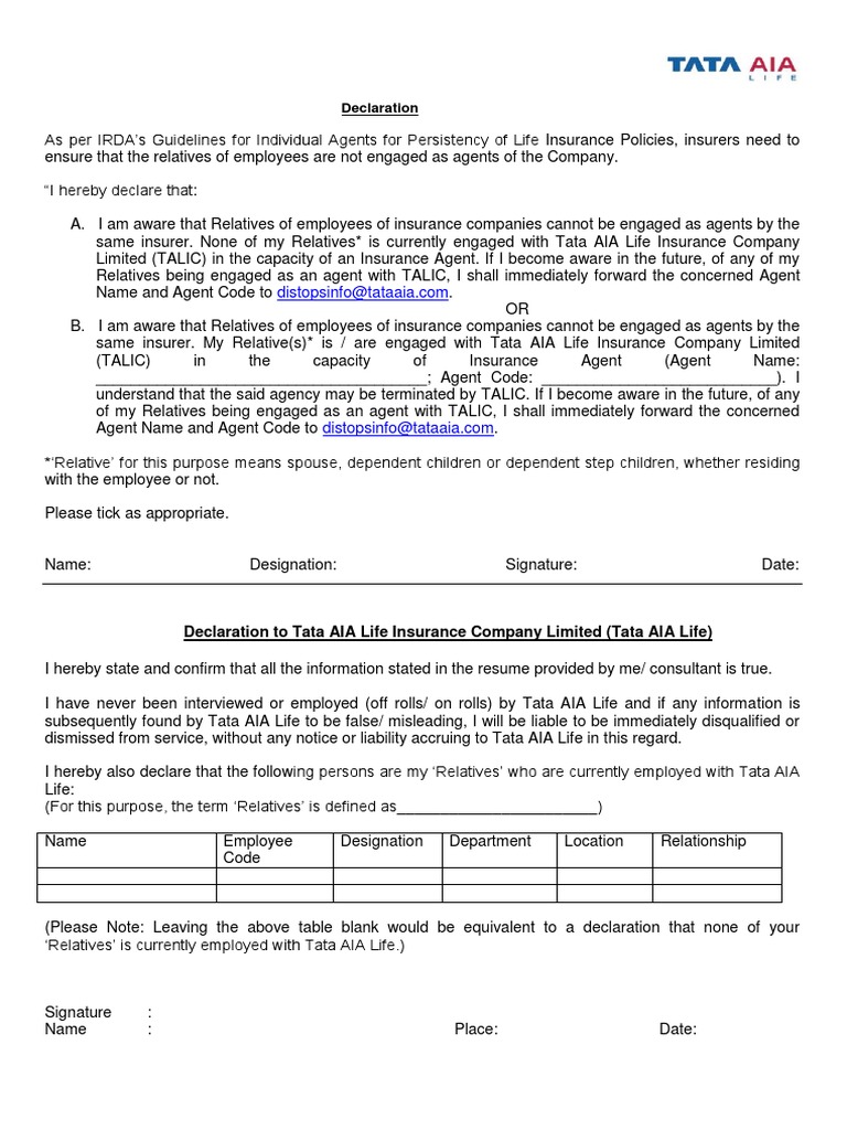 IRDA Declaration For Agent and Relatives | PDF | Insurance | Employment