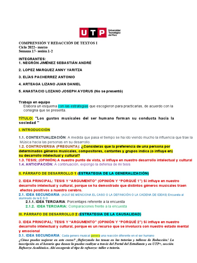 UTP S17.s1 - s2 COMPRENSIÓN Y REDACCIÓN 1 (Material de Actividades Marzo 2022) Esquema para ...