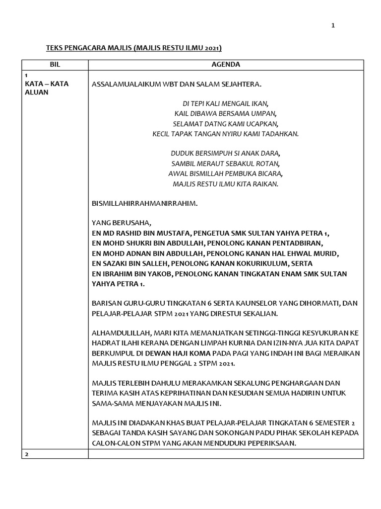 Teks Pengacara Majlis Restu Ilmu (2021) | PDF
