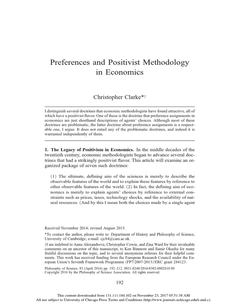 Preferences and Positivist Methodology in Economics | PDF | Hypothesis | Economics