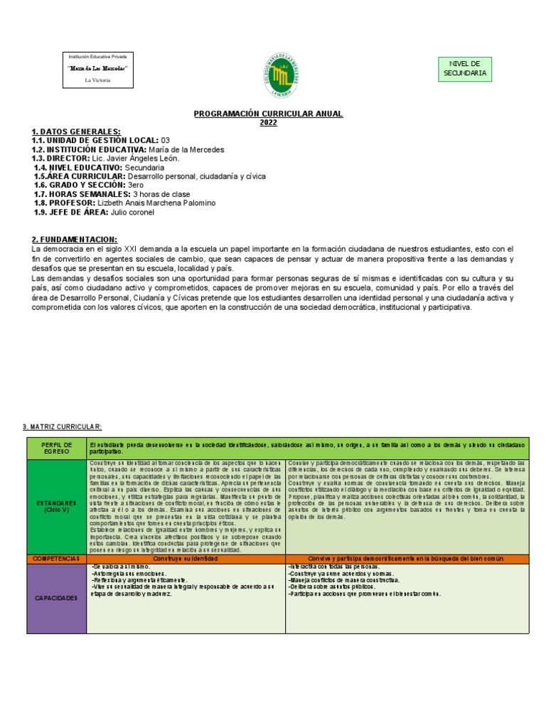 Programacion Anual 3°dpcc Ok | PDF | Maestros | Aprendizaje