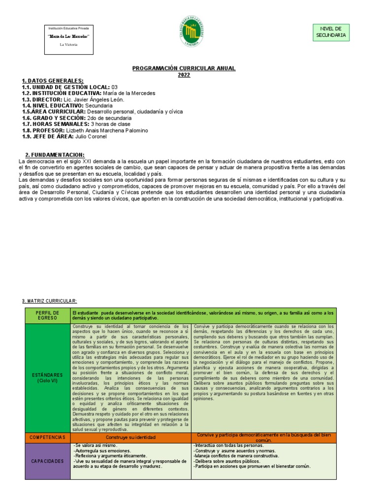 Programacion Anual 2°dpcc Ok | PDF | Aprendizaje | Maestros