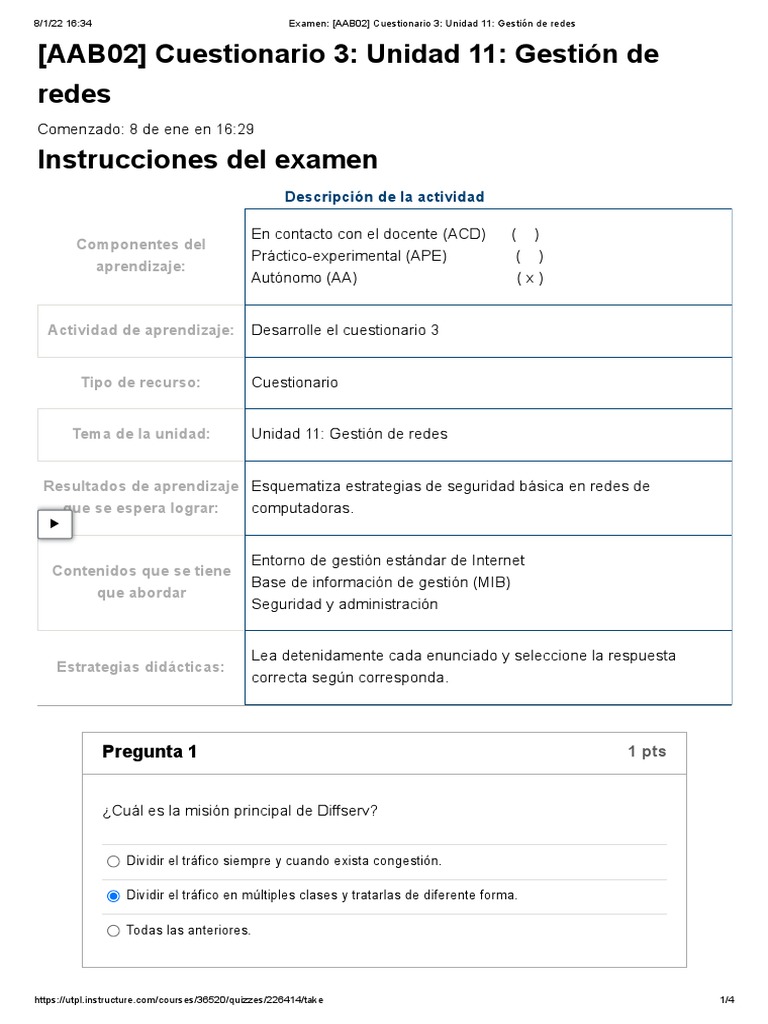 Examen - (AAB02) Cuestionario 3 - Unidad 11 - Gestión de Redes | PDF | protocolo de Iniciacion ...