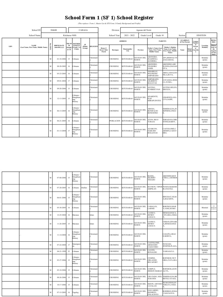 School Form 1 (SF 1) School Register | PDF | Languages Of Southeast ...