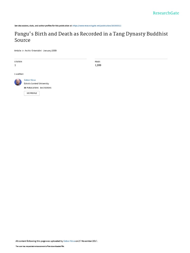 Pangu’s Birth and Death as Recorded in a Tang Dynasty Buddhist Source | PDF