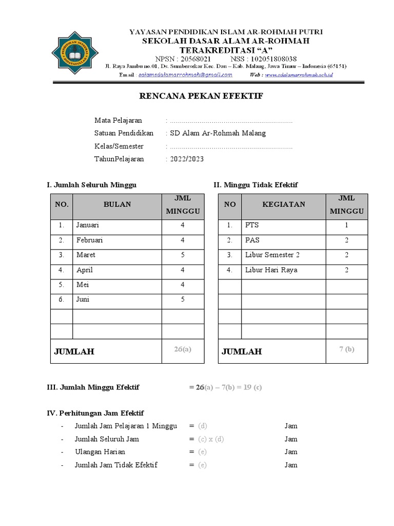 Rencana Mingguan SD Alam Ar-Rohmah | PDF