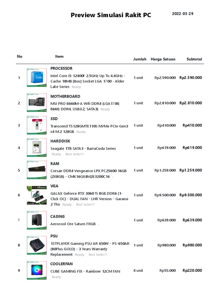 Preview Simulasi Rakit PC: A Comprehensive Parts List and Cost ...