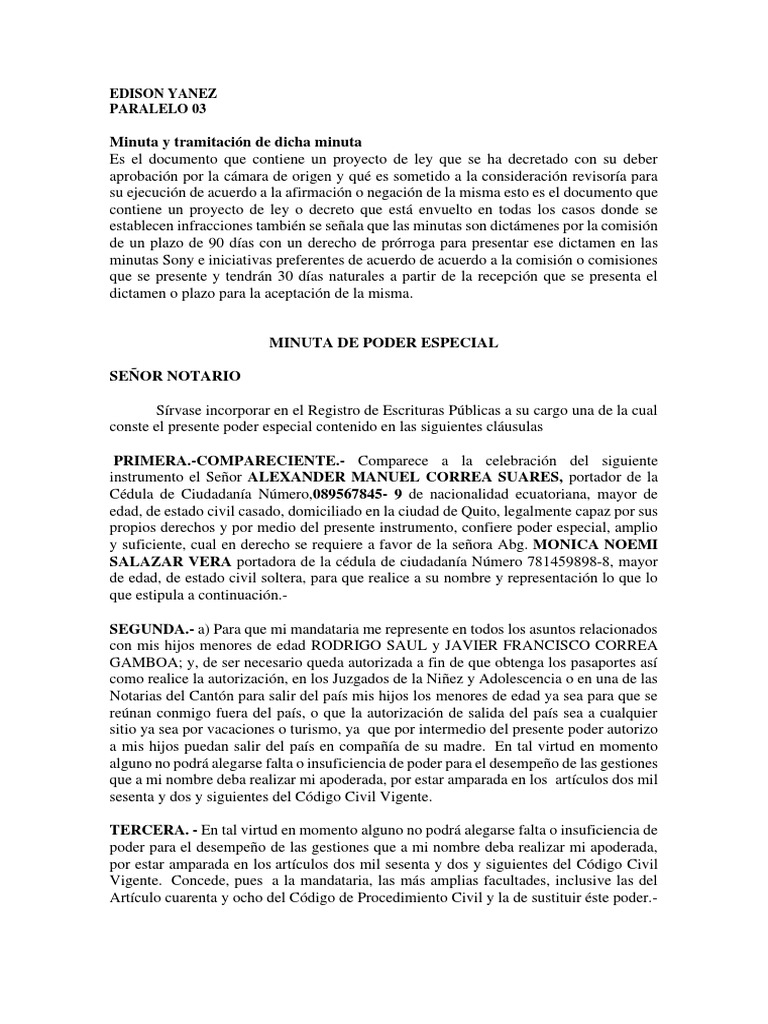 Modelo De Minuta De Poder Especial En Ecuador