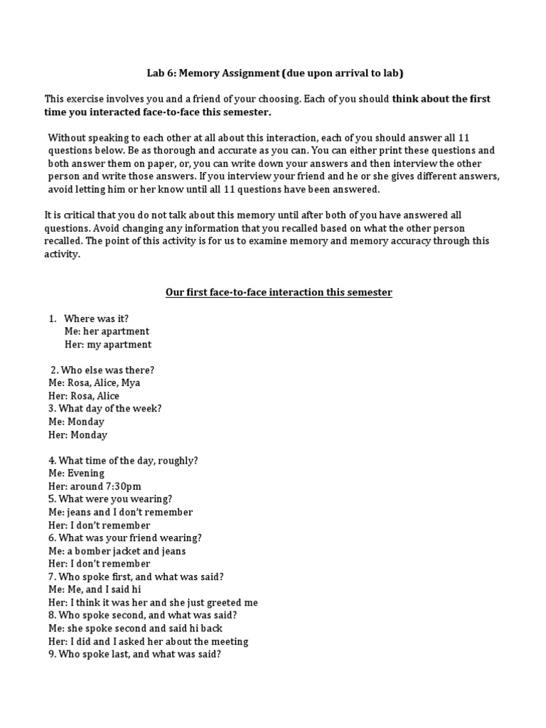 Lab 6: Memory Assignment (Due Upon Arrival To Lab) Time You Interacted Face-To-Face This ...