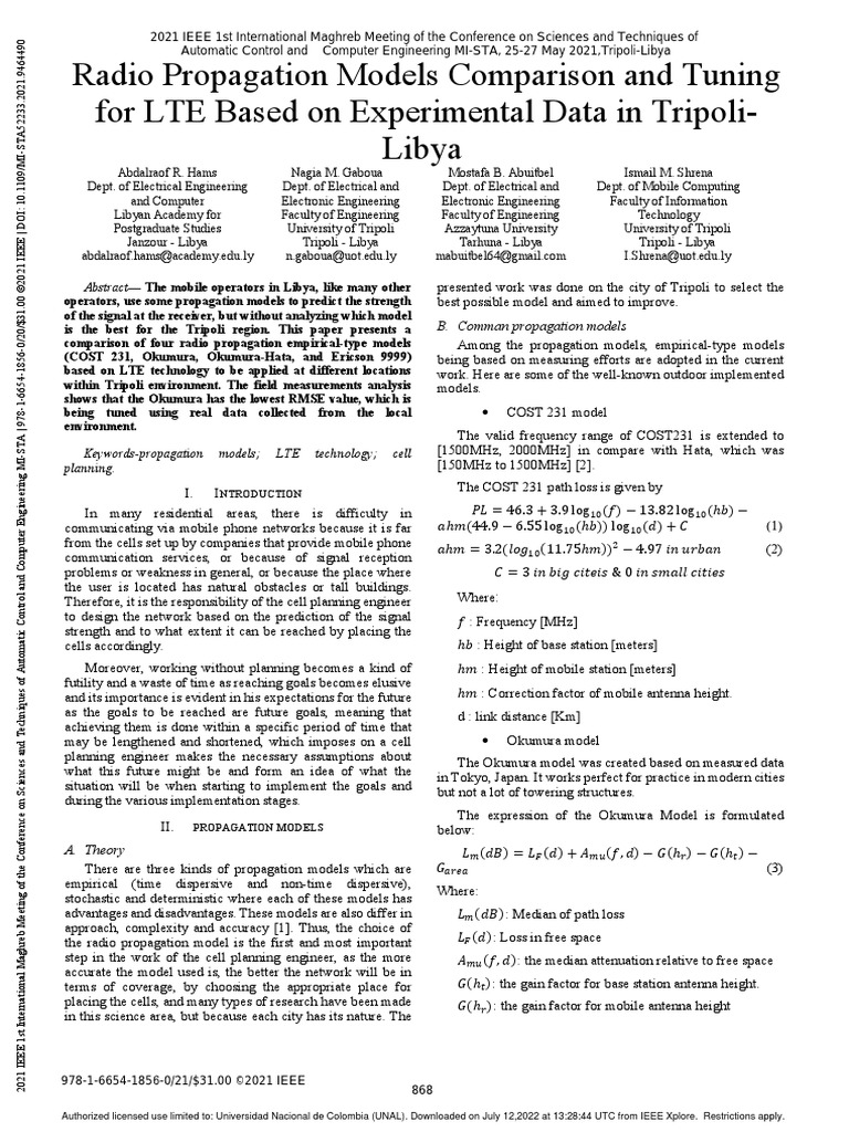 Radio Propagation Models Comparison and Tuning For LTE Based On ...