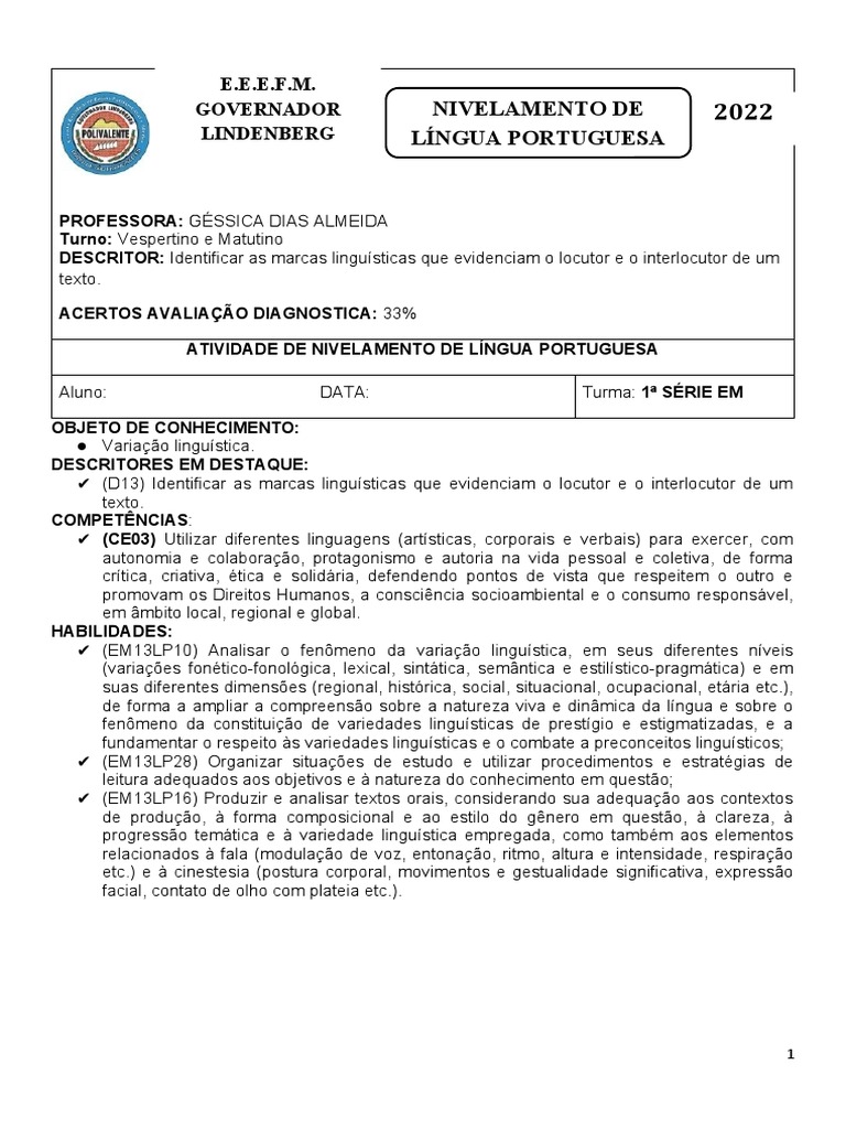 Atividade de nivelamento de língua portuguesa sobre variação ...