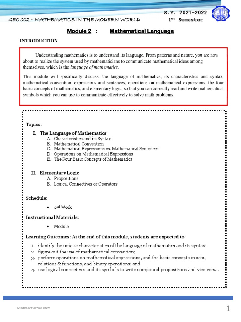 Mathematical Language: GEC 002 - Mathematics in The Modern World | PDF ...
