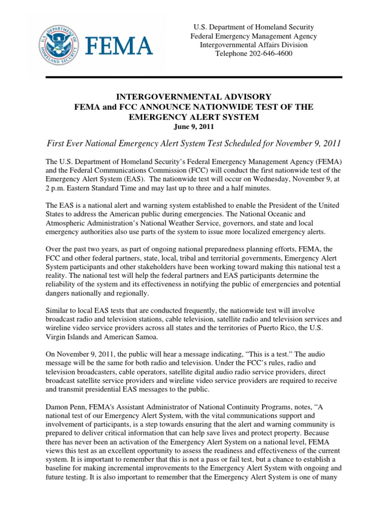 Nationwide Emergency Alert System Test | PDF | Federal Emergency ...