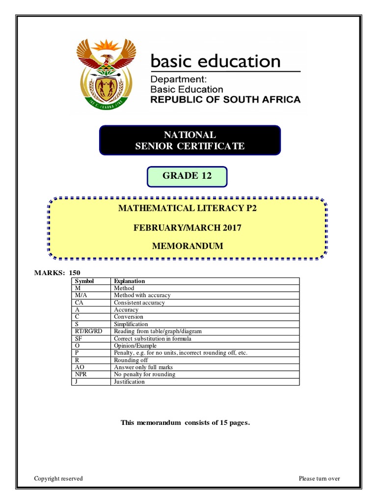 Mathematical Literacy P2 Feb-March 2017 Memo Eng | PDF | Mathematics