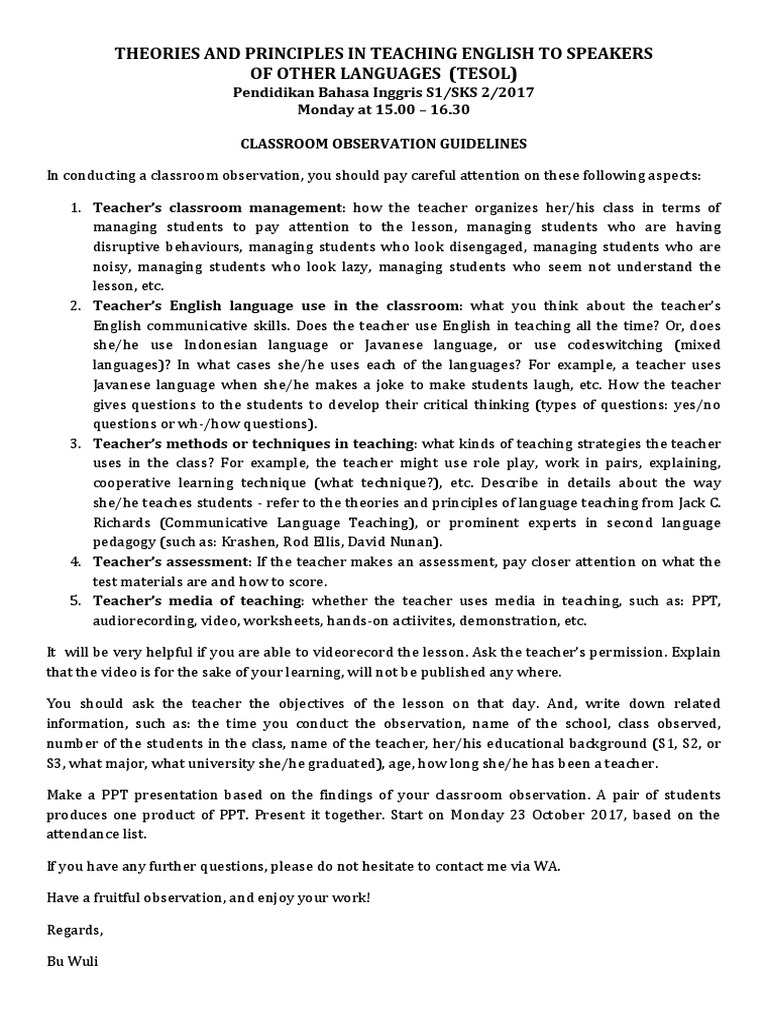 Classroom Observation Guidelines | PDF | Teachers | Teaching Method