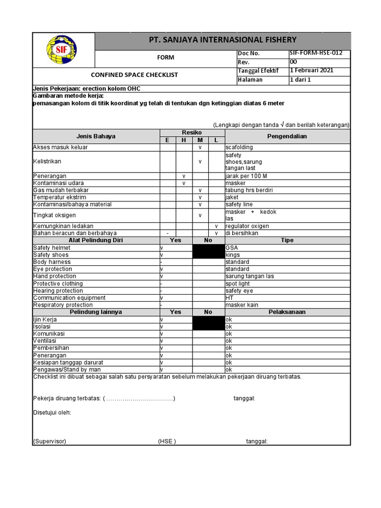 SIF-ForM-HSE-012 Form Confined Space Checklist | PDF
