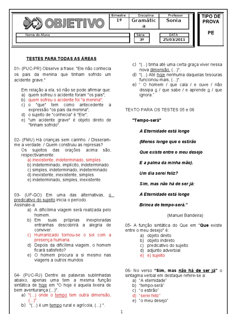 2 Exerc Port | PDF | Assunto (gramática) | Predicado (gramática)