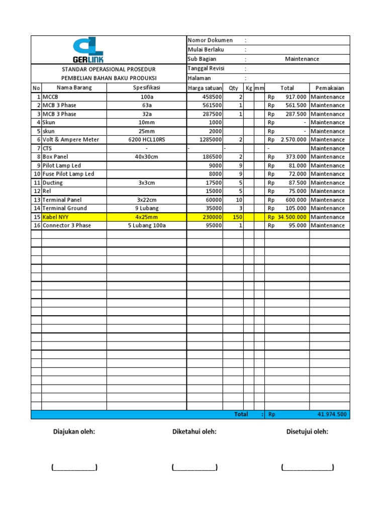 Daftar Harga dan Pemakaian Barang Maintenance | PDF