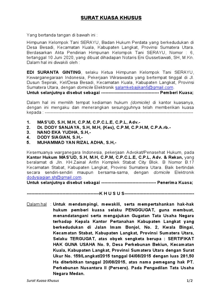 Surat Kuasa Khusus - TUN - Edi Suranta Tarigan Desa Basadi - PTUN - MDN ...