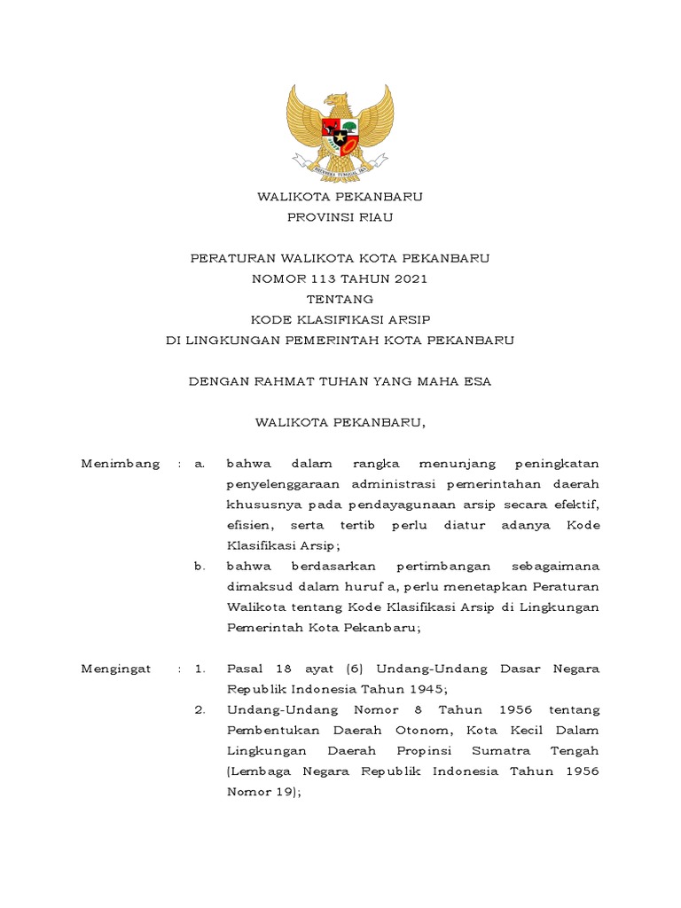 1 Perwako 113 Tahun 2021 Tentang Kode Klasifikasi Arsip | PDF