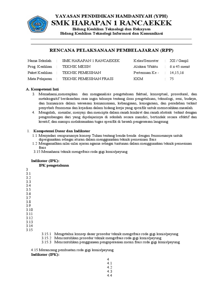 10 RPP Teknik Pemesinan Frais Pertemuan 14-15 KD 3.15 - 4.15 | PDF