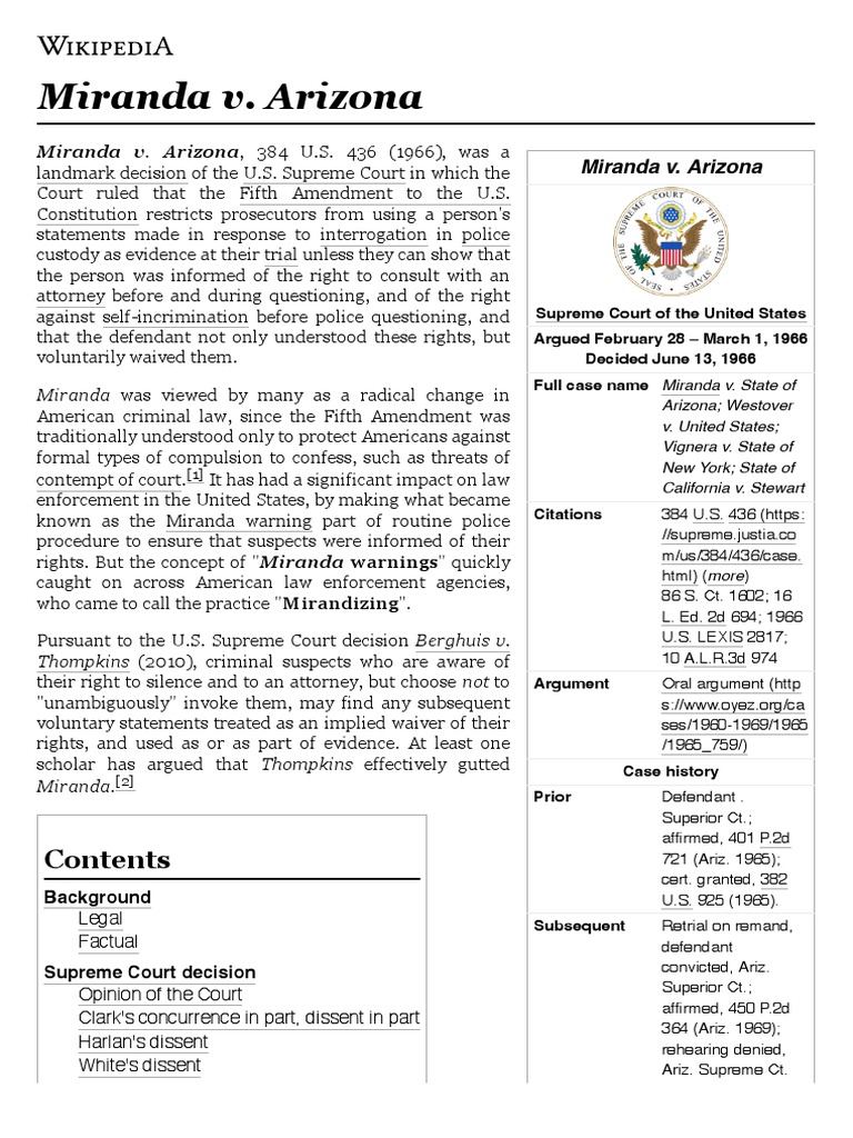 Miranda v. Arizona | Download Free PDF | Miranda V. Arizona | Miranda ...