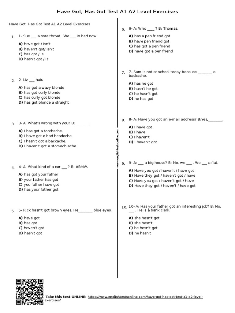 Have Got, Has Got Test A1 A2 Level Exercises | PDF