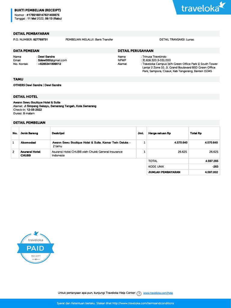 Invoice Hotel Traveloka 4.597.002 | PDF Invoice Hotel Traveloka 4.597.002 | PDF