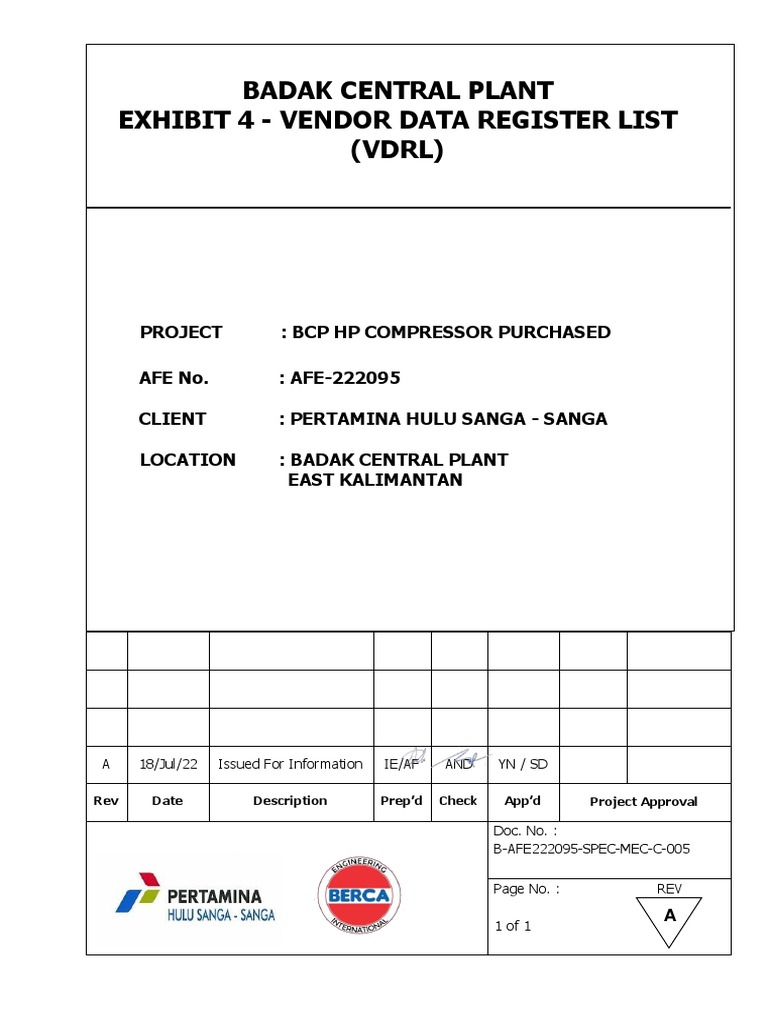 Badak Central Plant Exhibit 4 - Vendor Data Register List (VDRL) | PDF ...