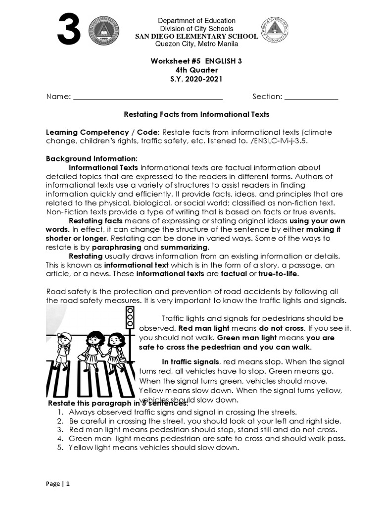 English3 Q4 W5 Worksheet | PDF | Traffic | Traffic Light