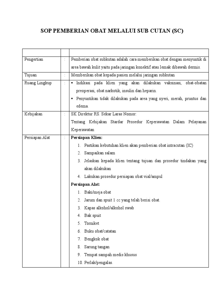 Sop Pemberian Obat Subcutan (SC) | PDF