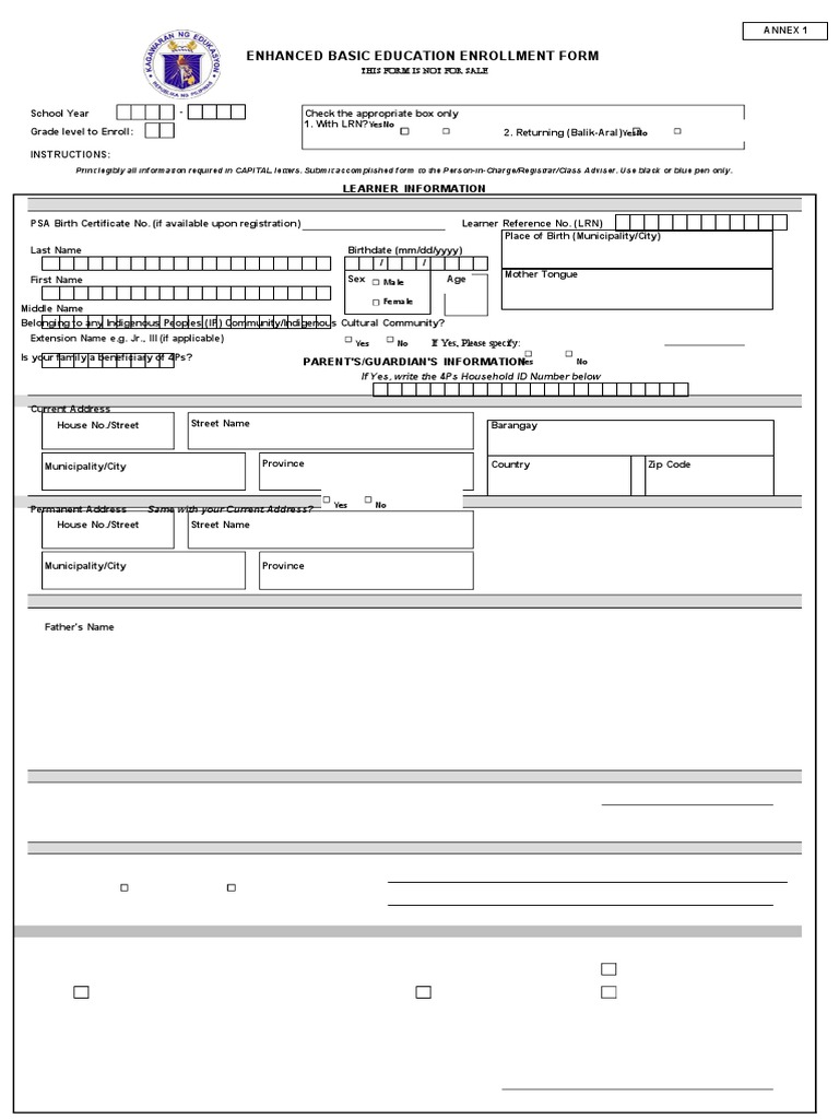 Enhanced Basic Education Enrollment Form (1 Page) | PDF | Learning