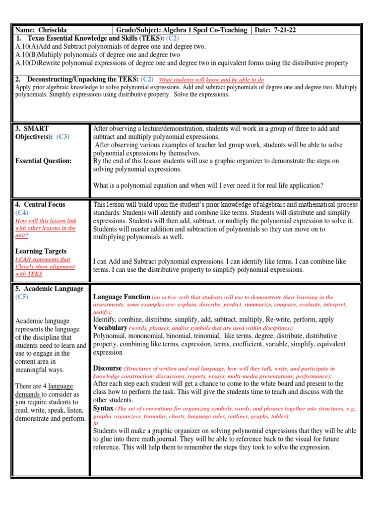 Working Lesson Plan | PDF | Polynomial | Educational Assessment