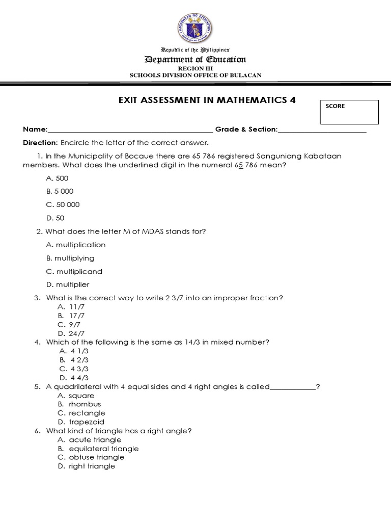 Assessment Math Grade 4 | PDF | Area | Geometric Shapes