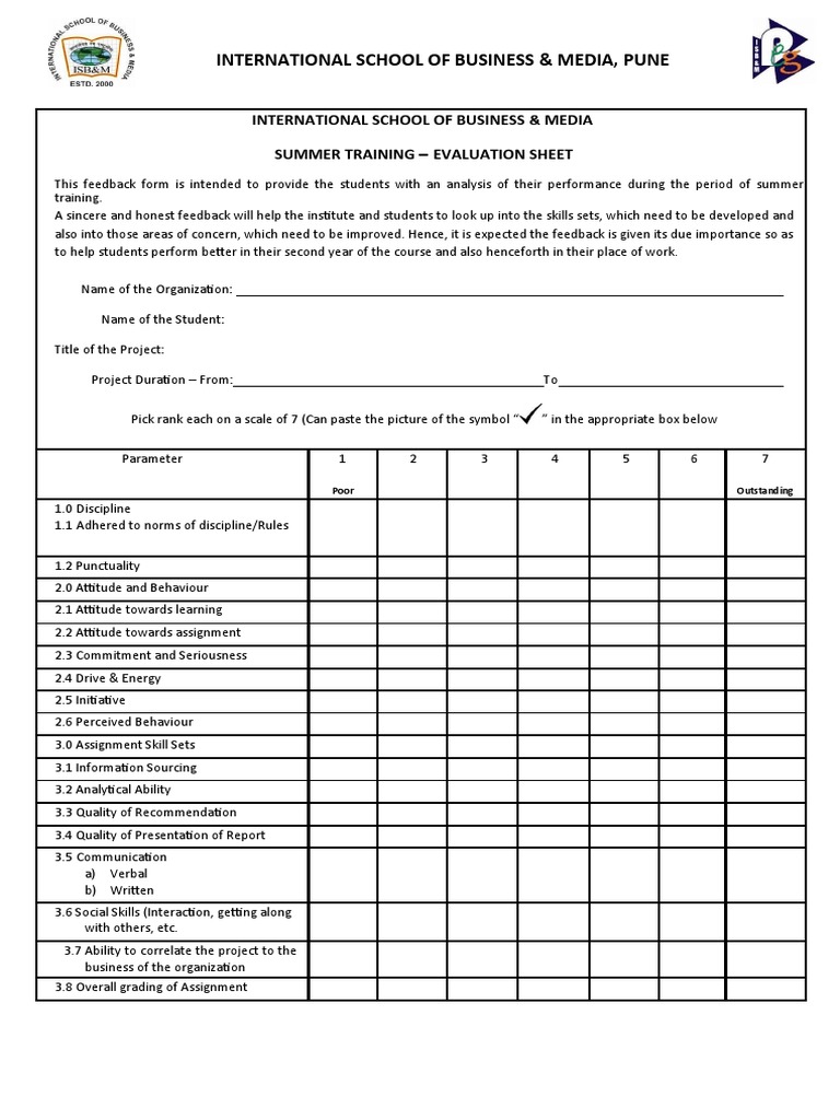 Summer Internship Feedback Form - Company - Name - Batch YYYY - Student ...