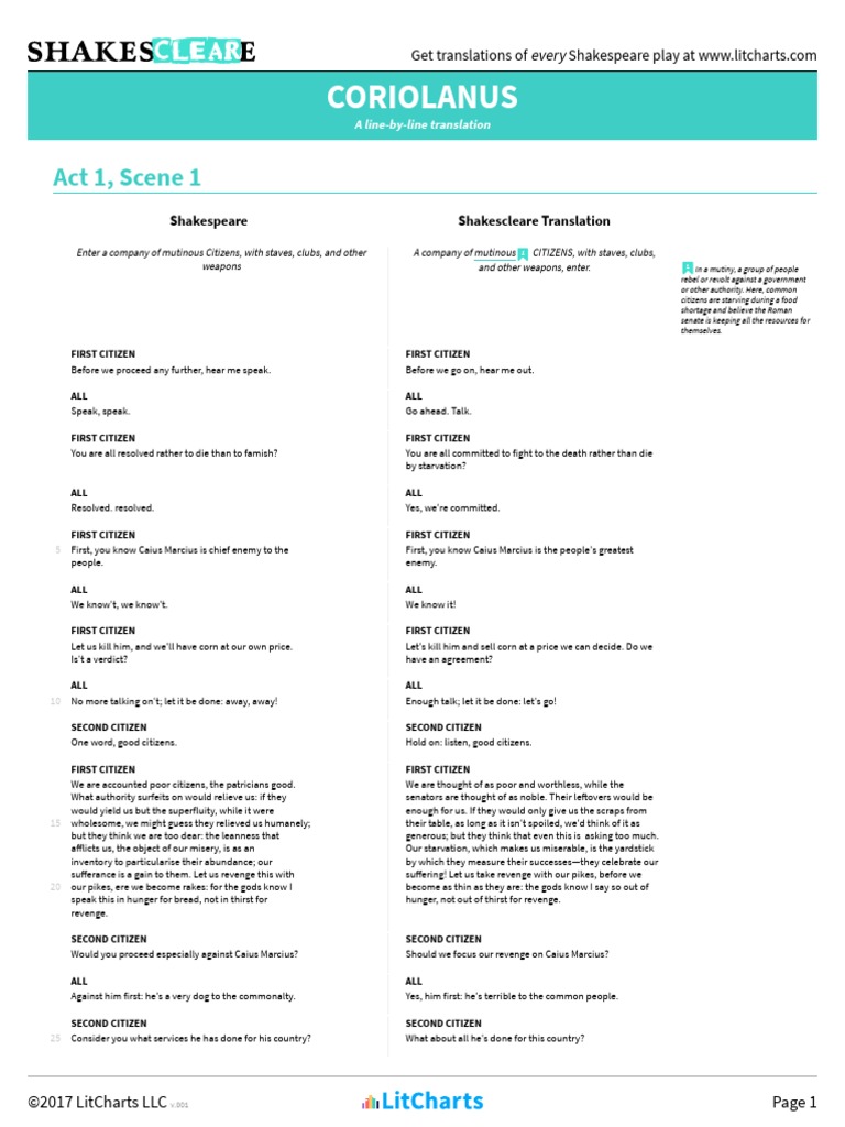 Coriolanus Shakescleare Translation LitChart | PDF | Usury