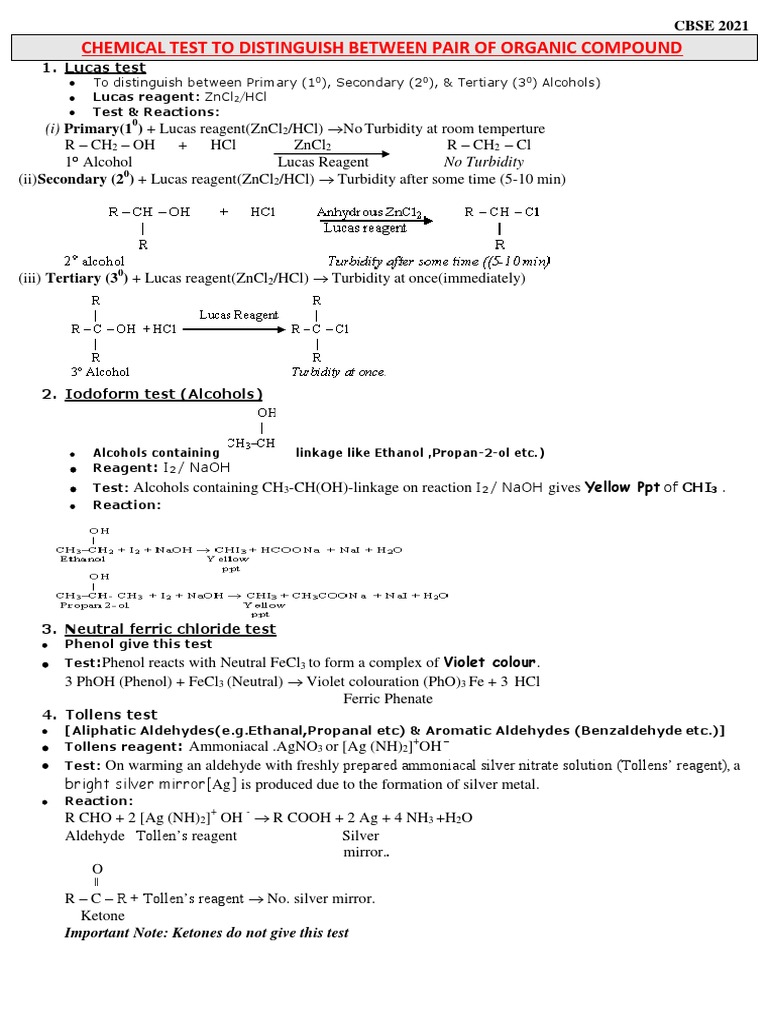 Chemical Test To Distinguish Between Pair of Organic Compound | PDF ...