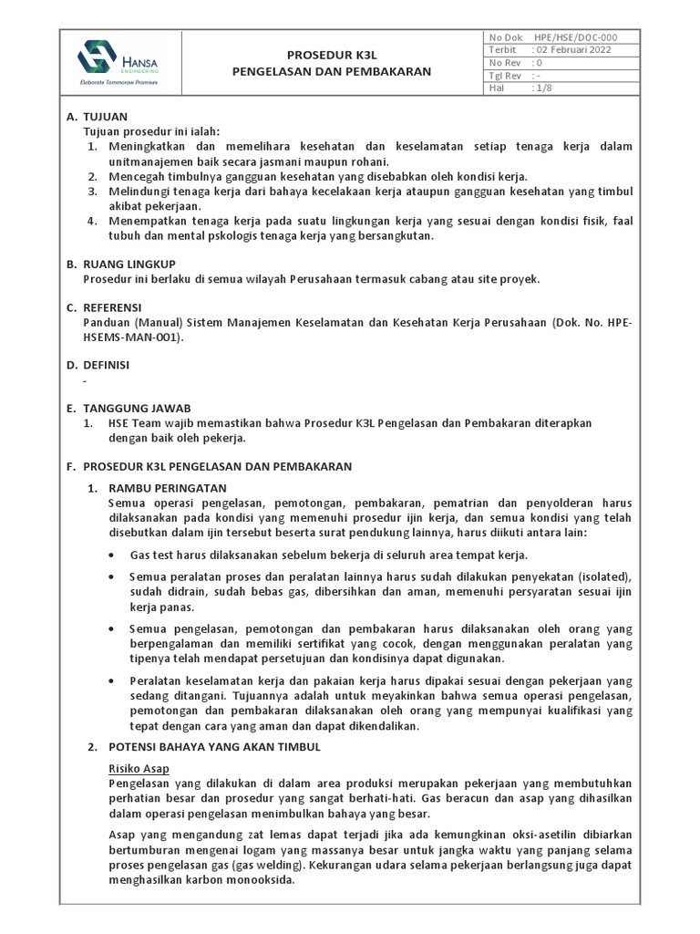 Prosedur K3L Pengelasan Dan Pembakaran | PDF