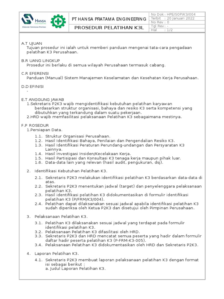 Prosedur Pelatihan K3L Hpe 2 | PDF