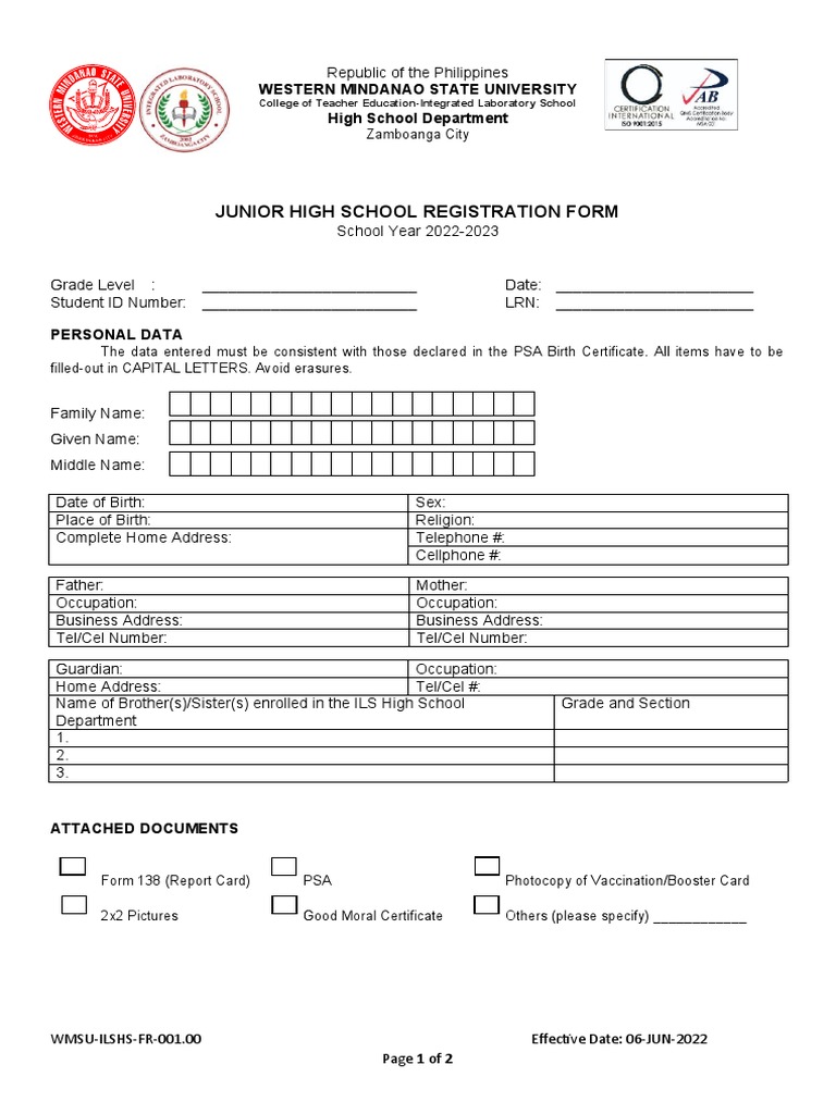 Junior High School Registration Form | PDF