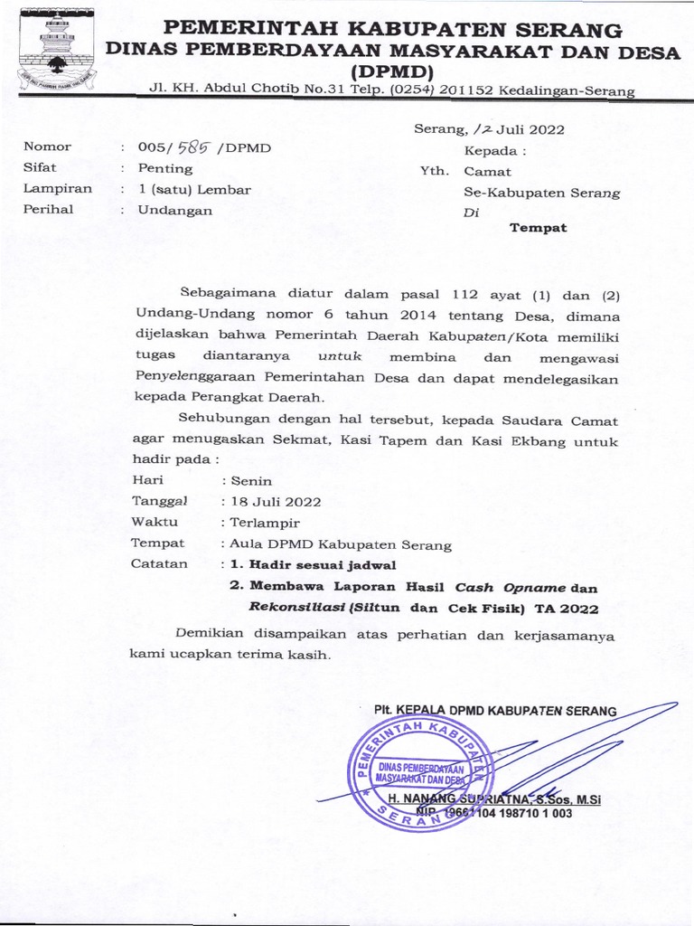 Undangan Rapat DPMD Kabupaten Serang | PDF