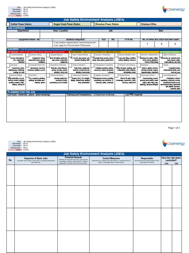 JSEA_template_FormS1878 | PDF | Risk | Hazards