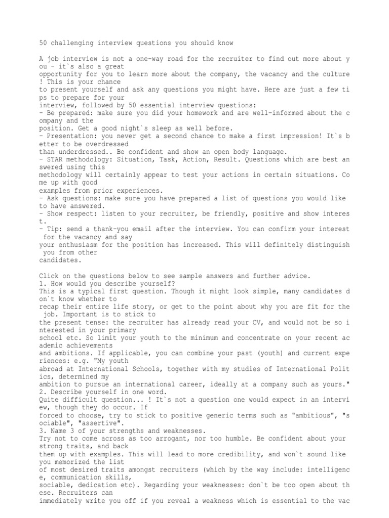 50 Challenging Interview Questions Pdf Internship Job Hunting