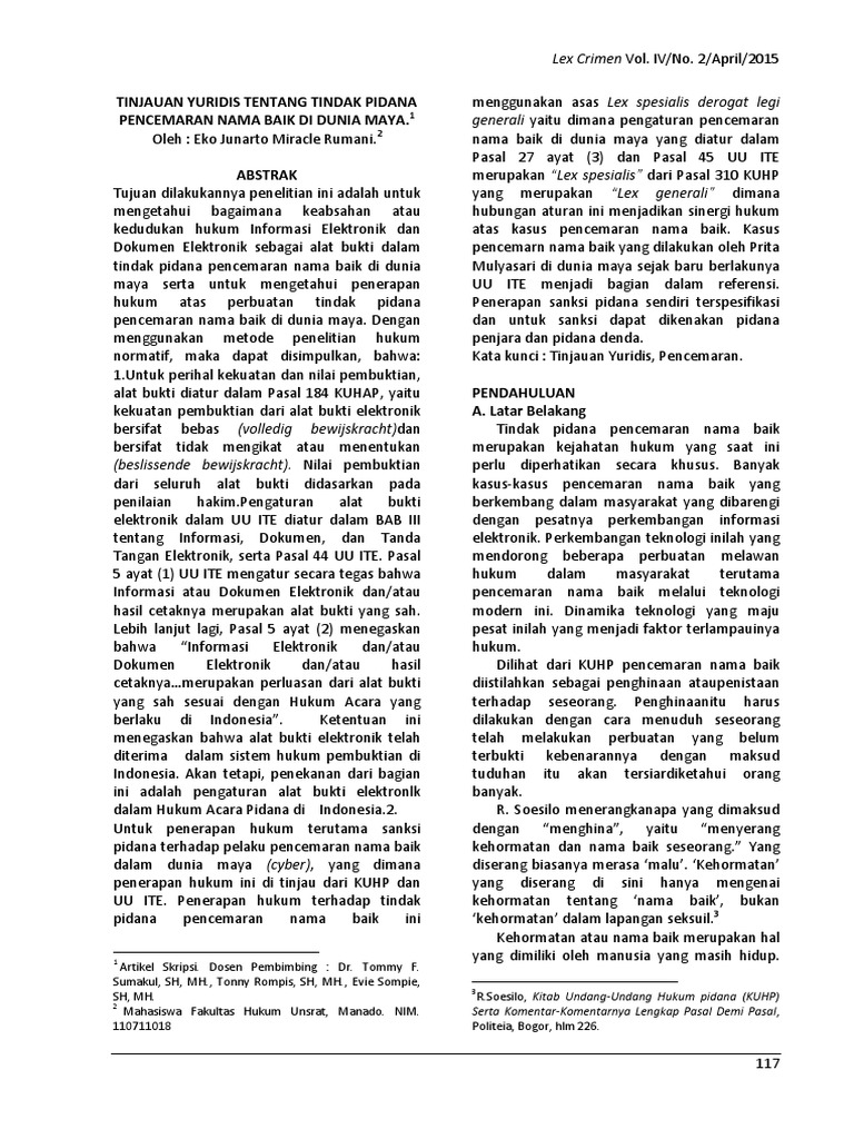 3251 ID Tinjauan Yuridis Tentang Tindak Pidana Pencemaran Nama Baik Di Dunia Maya | PDF