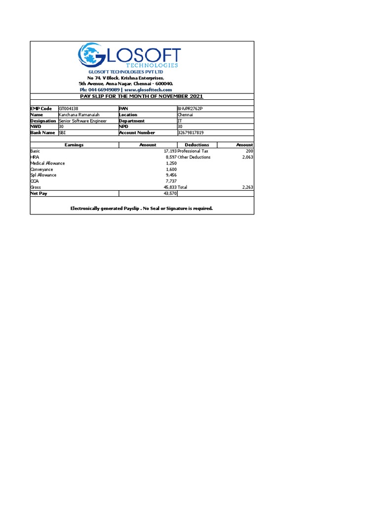 Payslip Glosoft Technologies Pvt. LTD | PDF