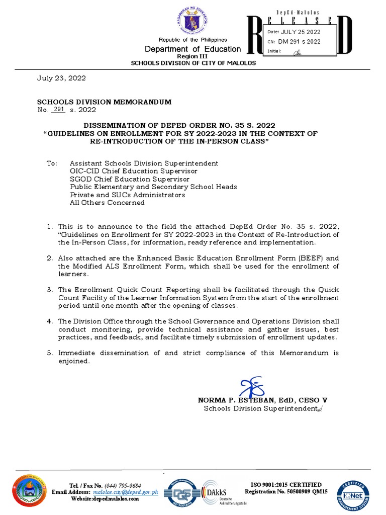 DepEd Order 35, s. 2022: Enrollment Guidelines | PDF | Schools | Learning