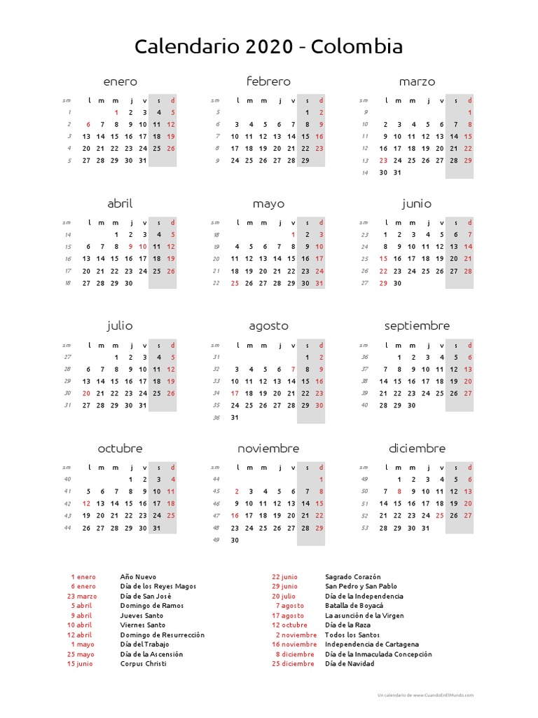 Calendario - 2020 Colombia | PDF | Calendario