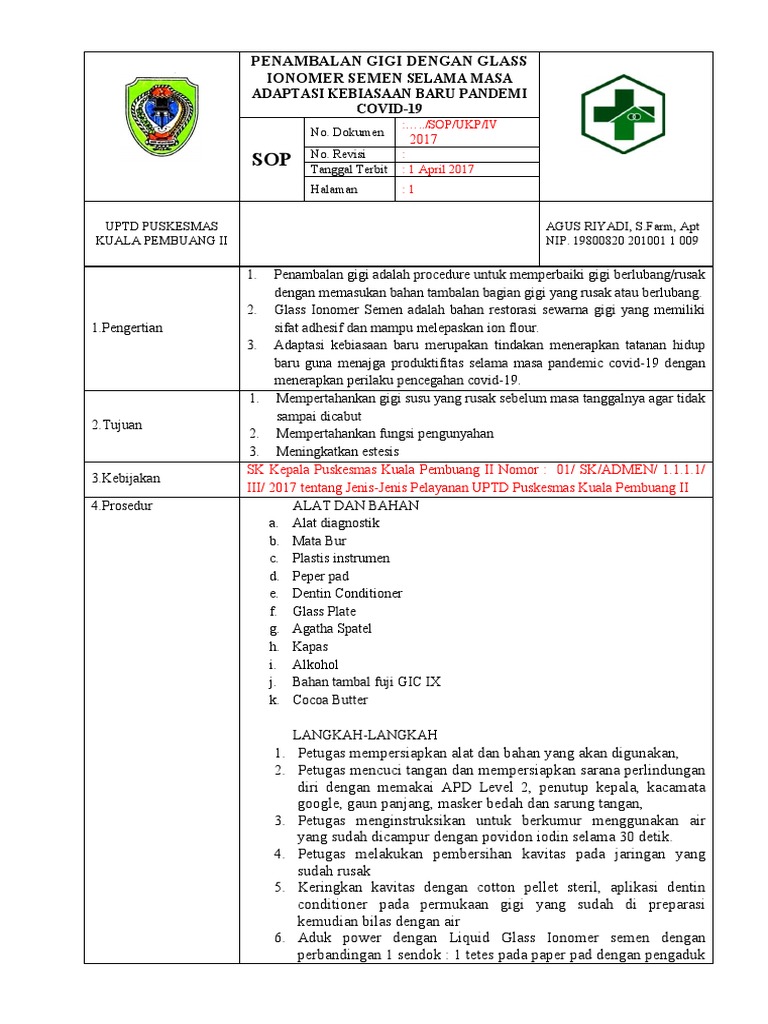 Sop Penambalan Gigi Dengan Glass Ionomer Semen | PDF