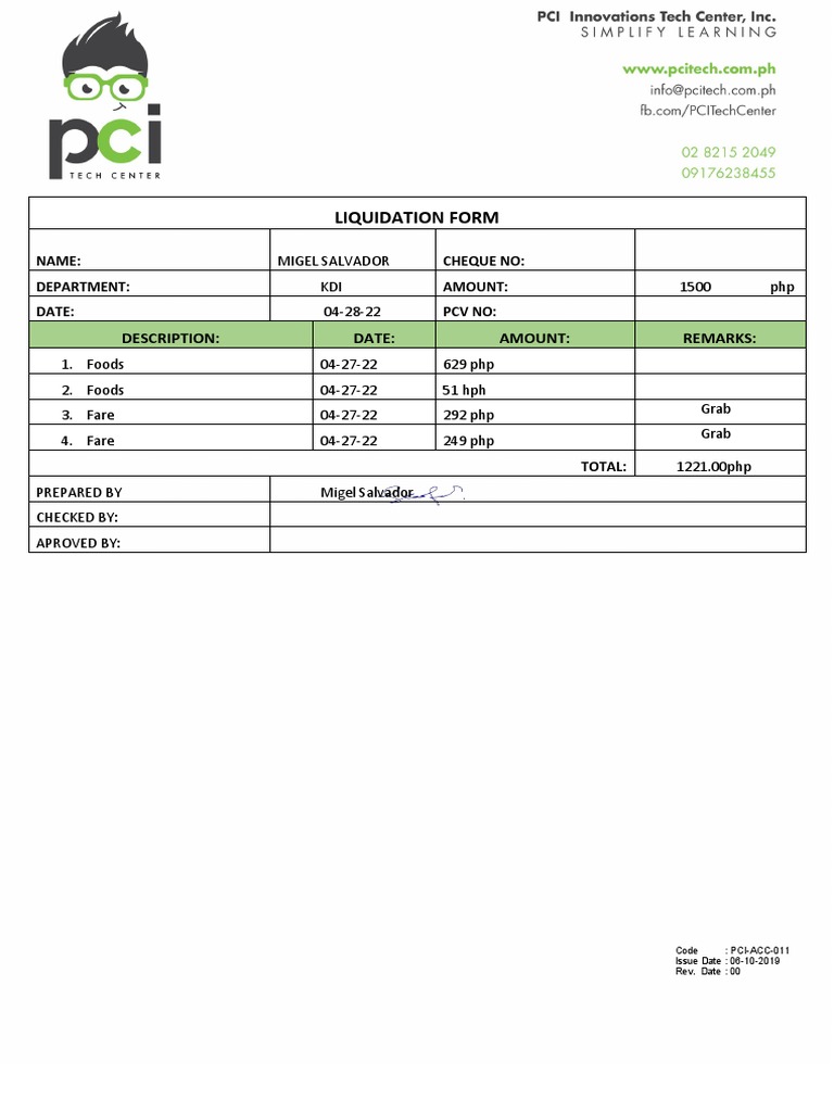 Liquidation Form: Description: Date: Amount: Remarks | PDF